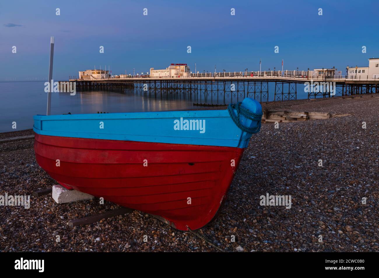 England, West Sussex, Worthing, Worthing Beach and Fishing Boat with ...