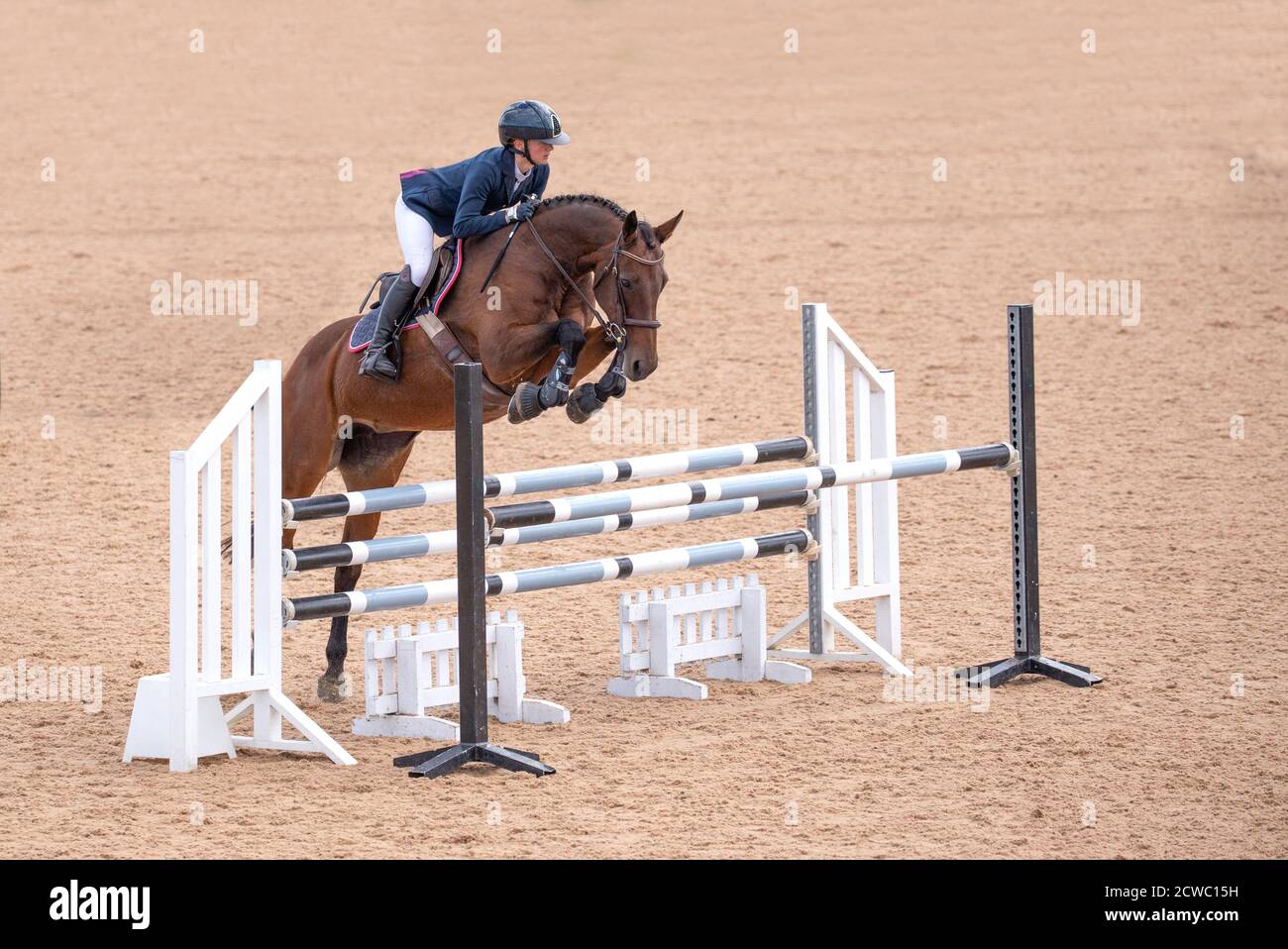 Female equestrian competitor, practicing her showjumping skills in an ...