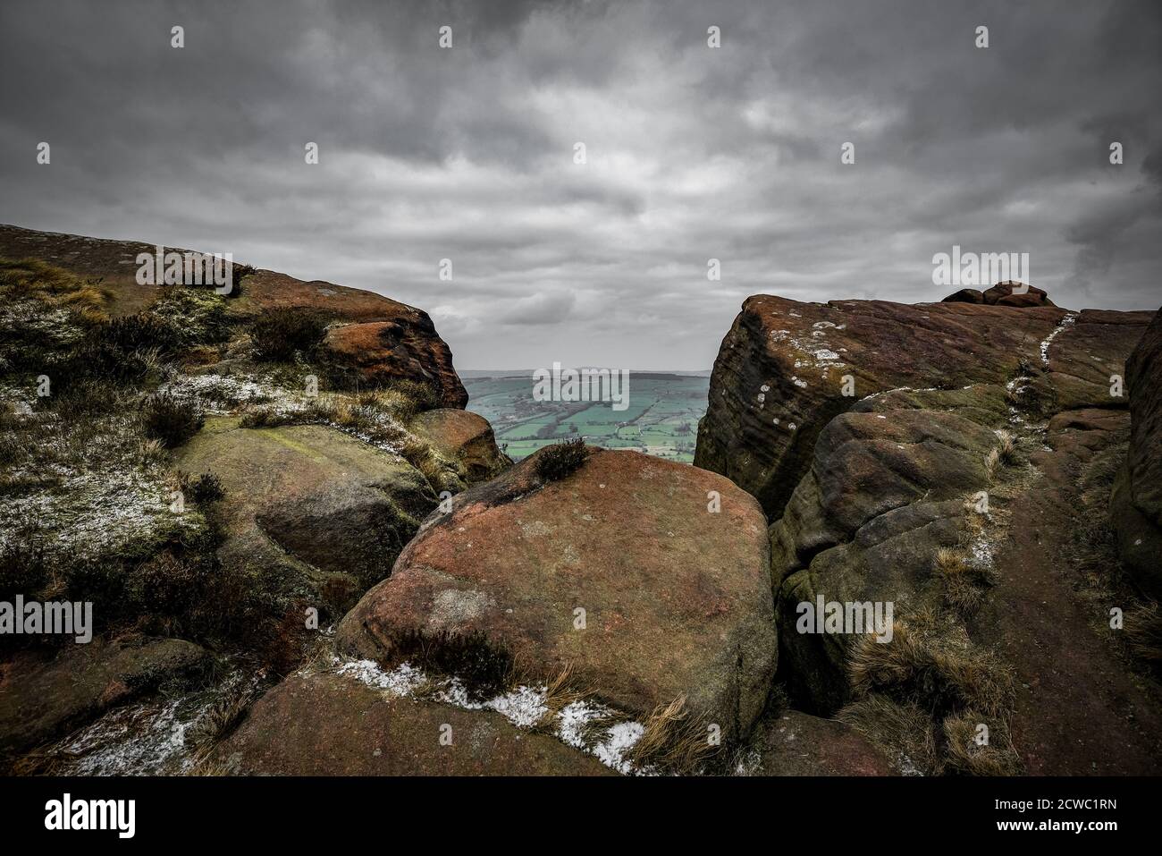 Peak District National Park: Winter landscape, Heather growing on rocks ...