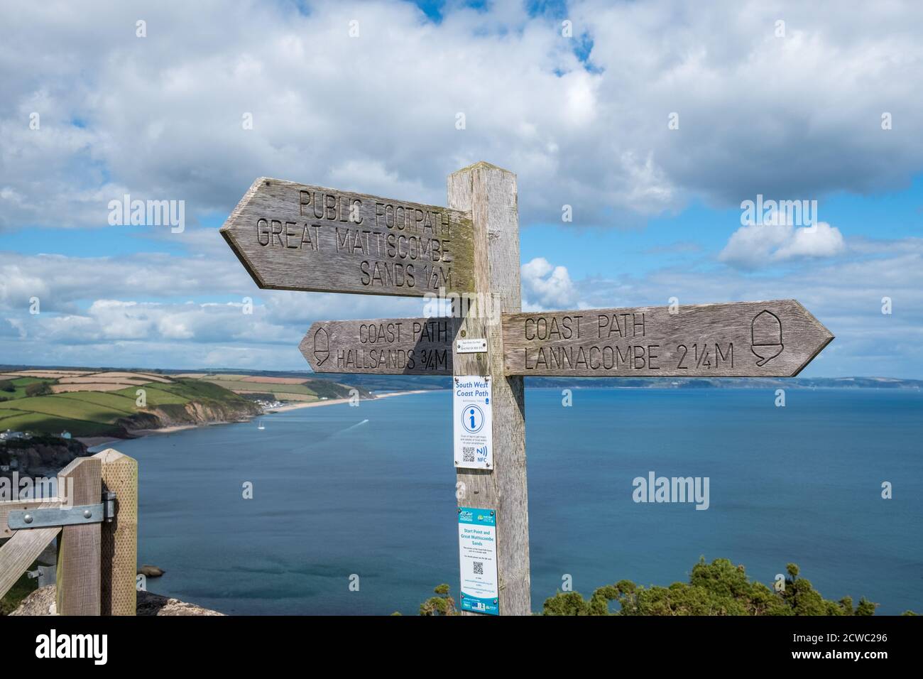 Wooden direction signpost at Start Bay on the South West Coastal Path ...