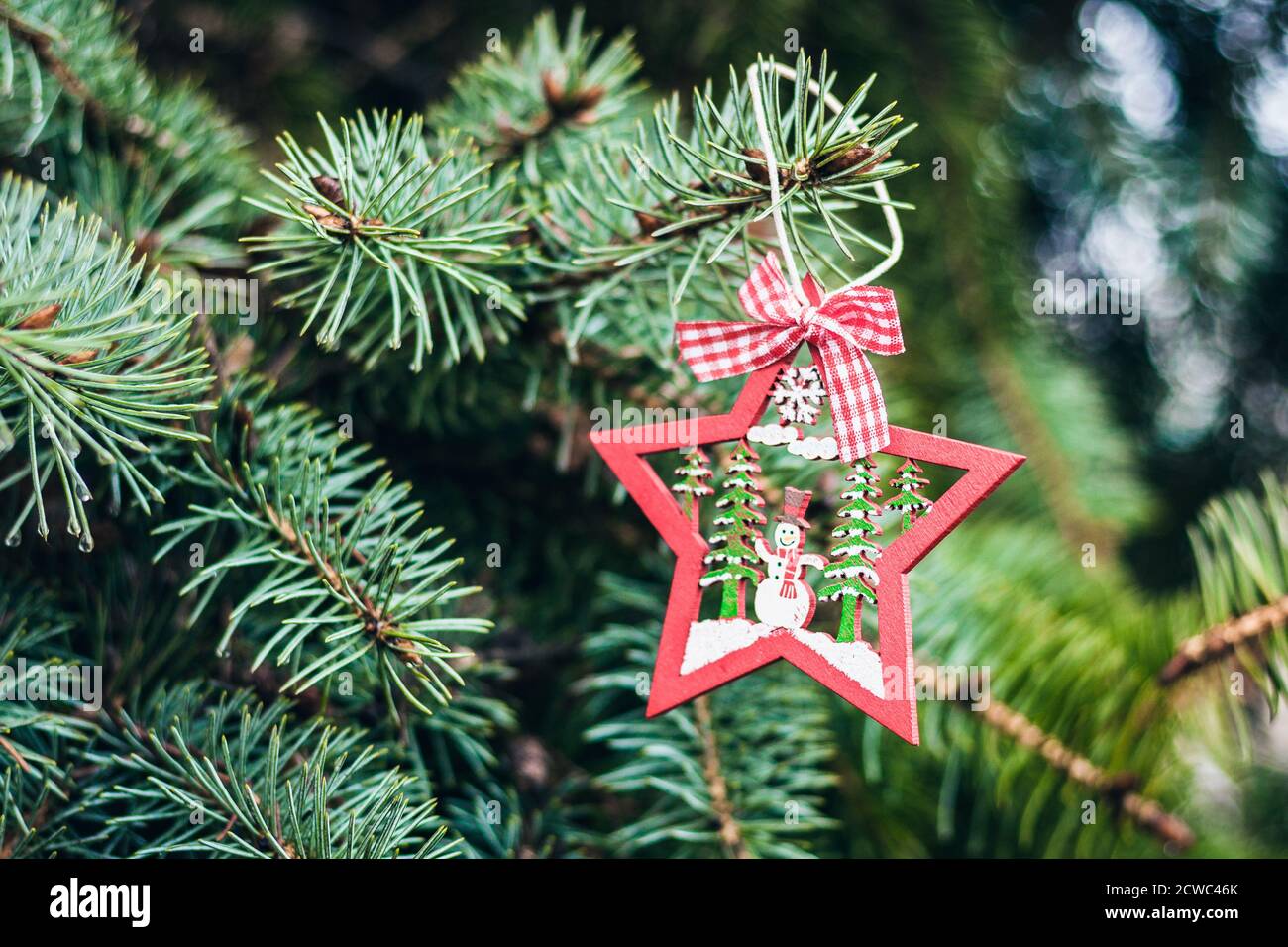 green Christmas tree branch with a wooden toy in the shape of a red ...