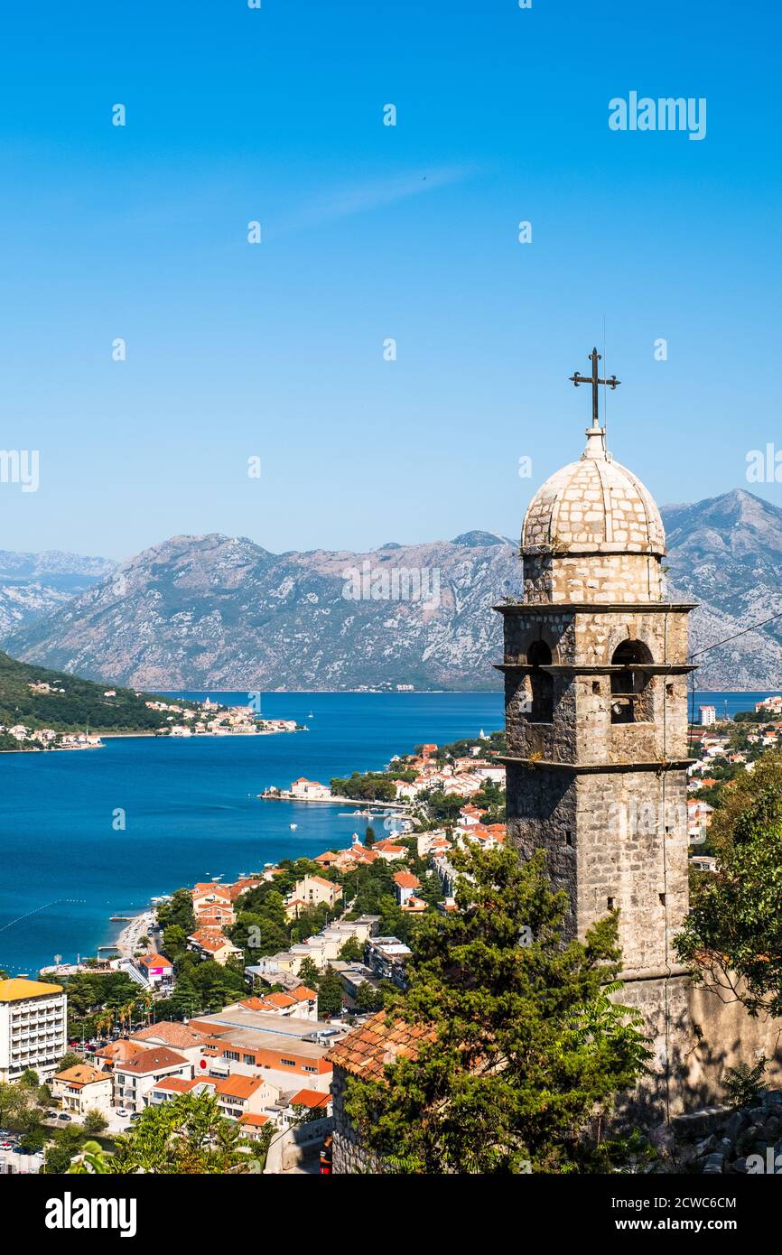 Old church tower and Kotor old town, panoramic view. Kotor bay in ...