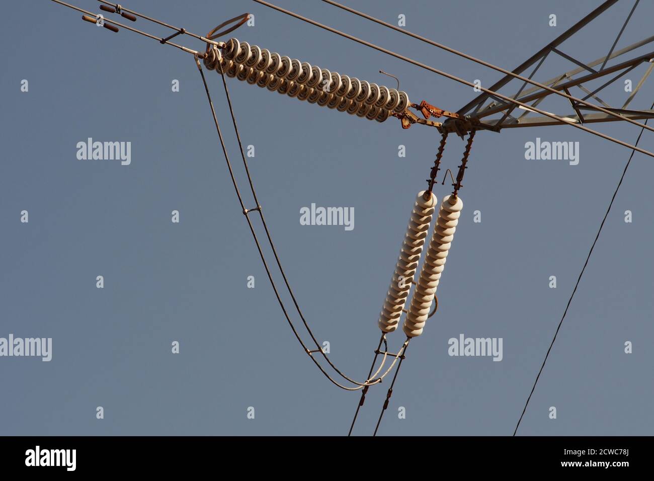 A close up view of parts of a transmission tower, electricity pylon ...