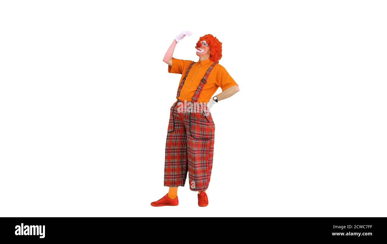 Funny clown thinking really hard on white background Stock Photo - Alamy