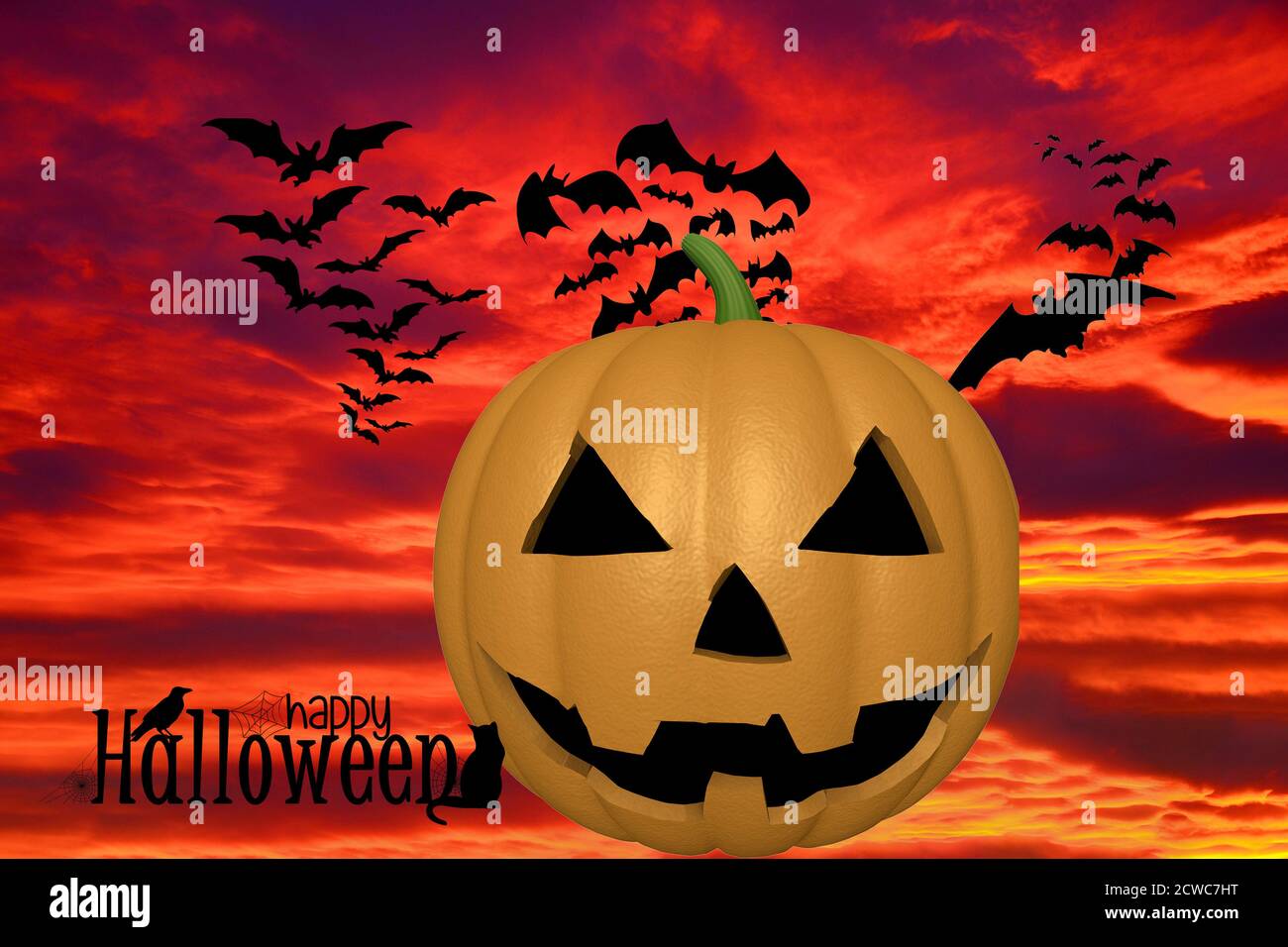 Image of the Halloween pumpkin with the flock of bats Stock Photo - Alamy