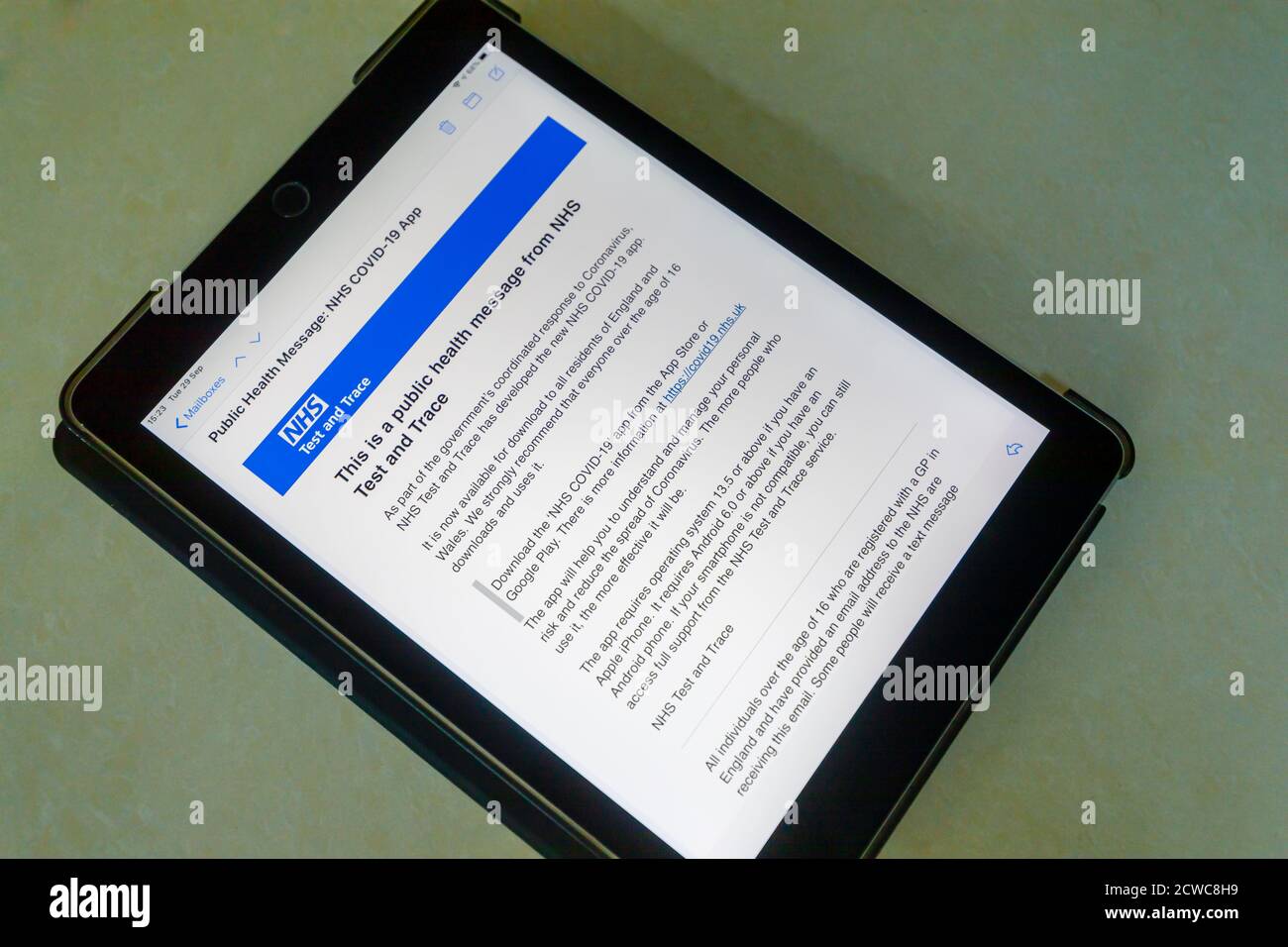 Email public health message on the screen of an IPad with details of ...