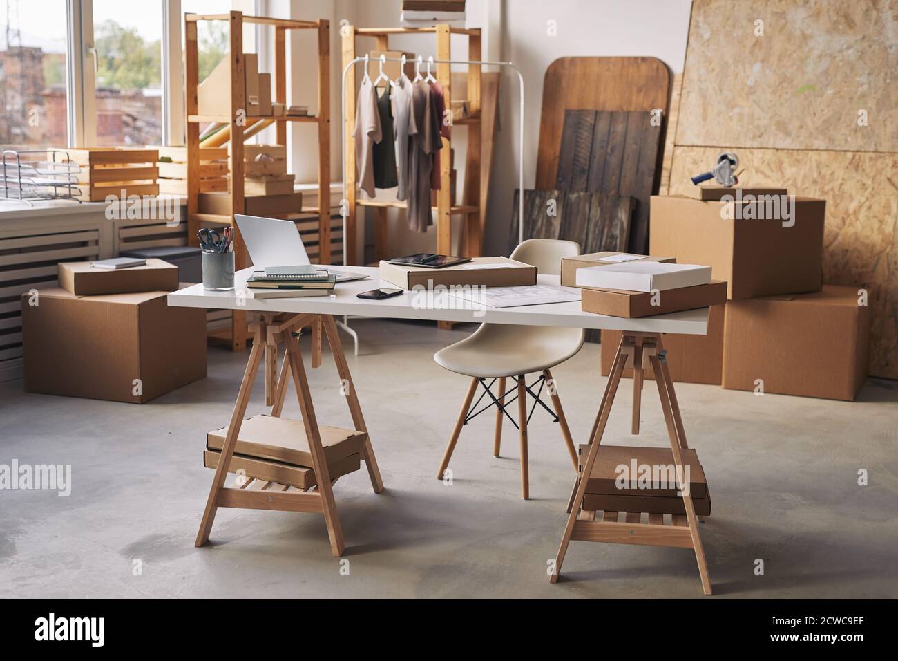 Image of workplace with packed parcels in warehouse Stock Photo - Alamy