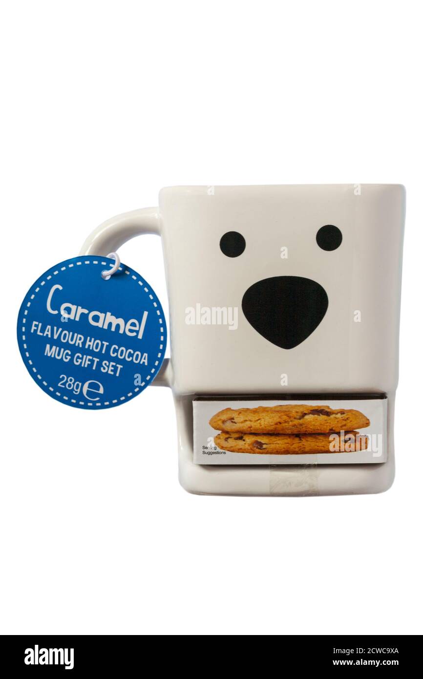 Caramel flavour hot cocoa mug gift set isolated on white background ...