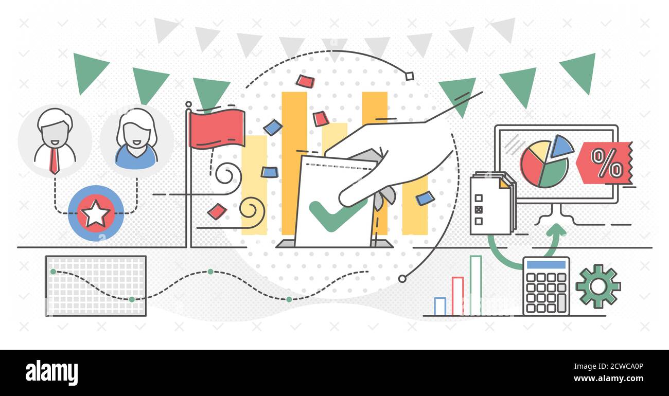 Online voting, outline concept vector illustration with computer screen ...