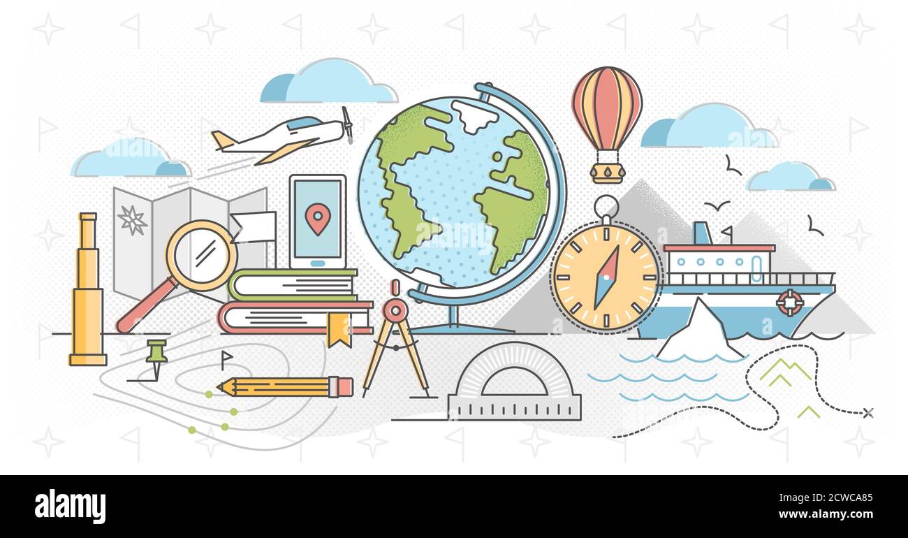 Geography outline concept vector illustration. Atlas earth study and ...