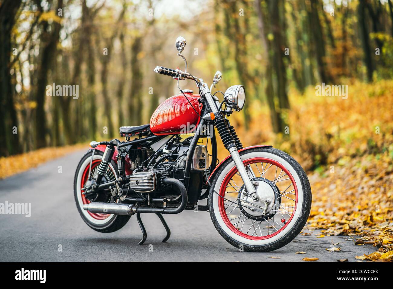 Red custom old fashioned motorcycle on the road in the forest with ...