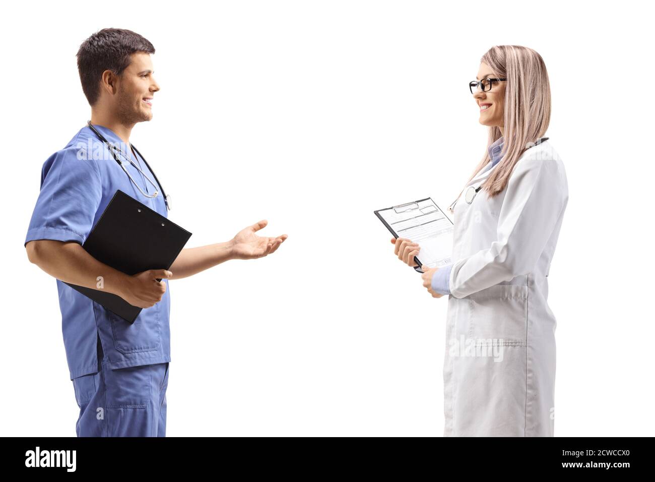 Doctors having a conversation isolated on white background Stock Photo ...