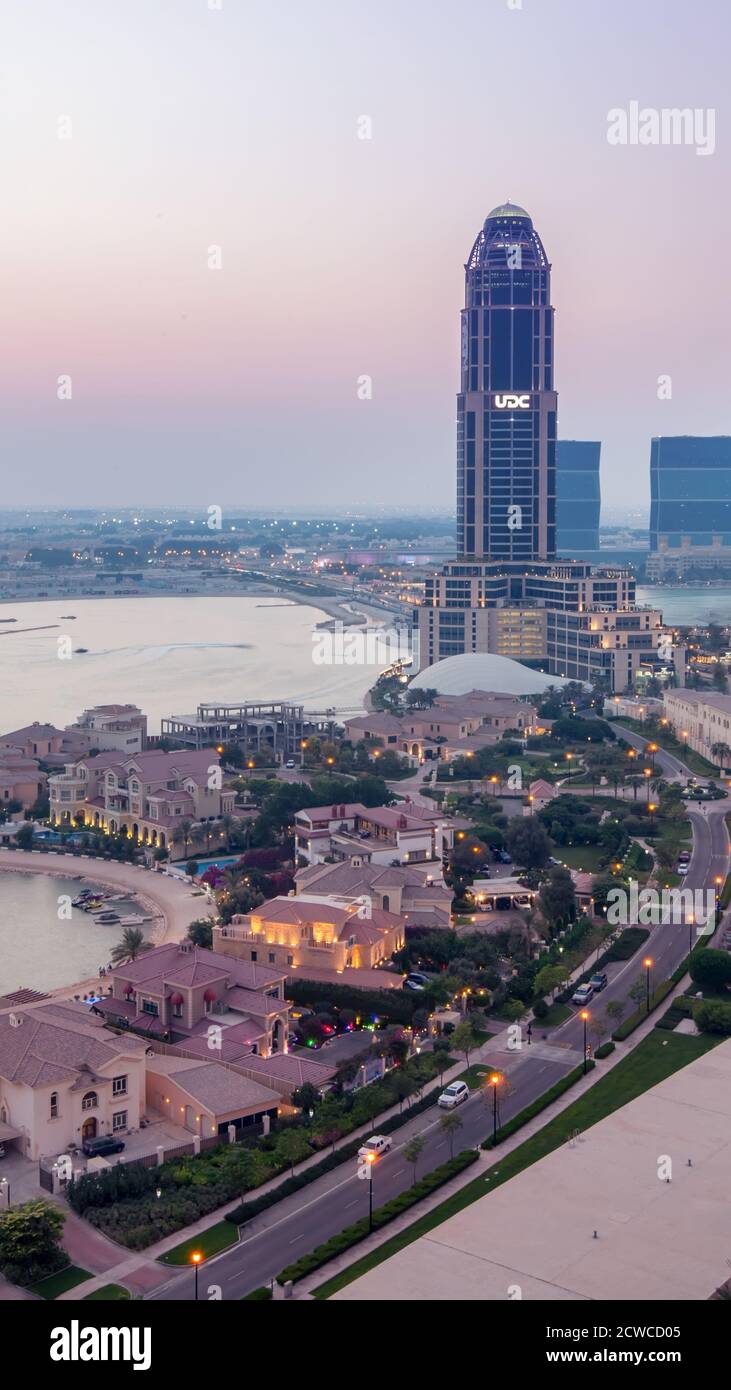 Beautiful sunset Aerial View of Pearl Qatar artificial island Stock ...