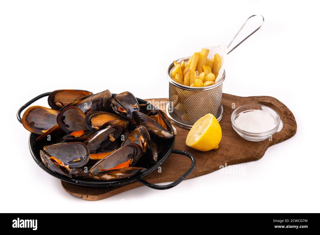 Mussels and french fries or moules-frites isolated on white background ...