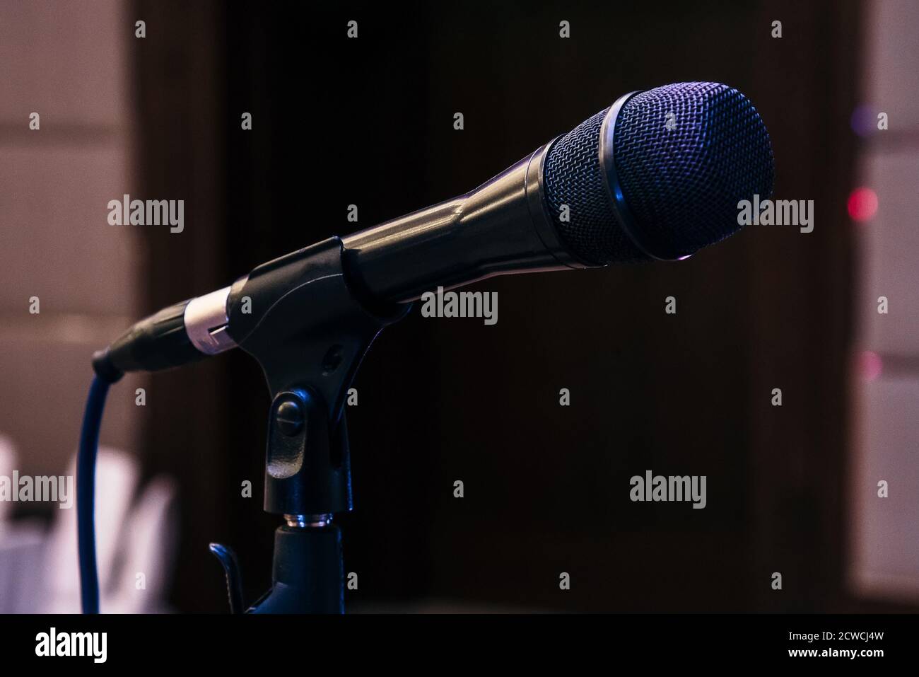 Black close up microphone in concert hall, audio system in studio Stock ...