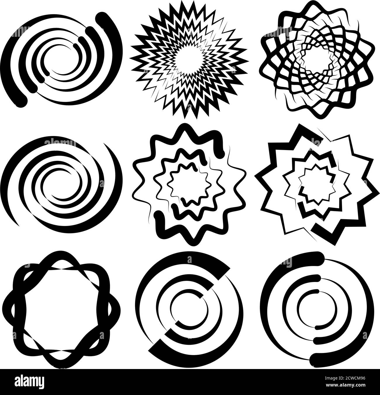 abstract black and white circular, concentric and radial contour ...