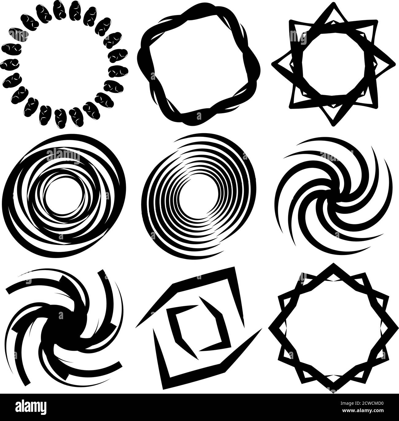 abstract black and white circular, concentric and radial contour ...