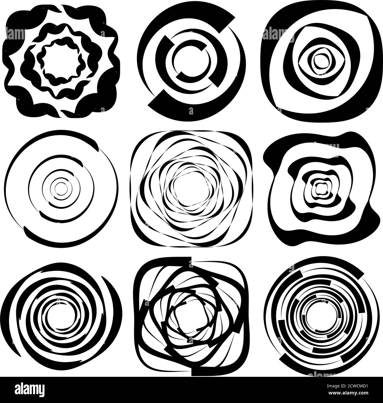 abstract black and white circular, concentric and radial contour ...