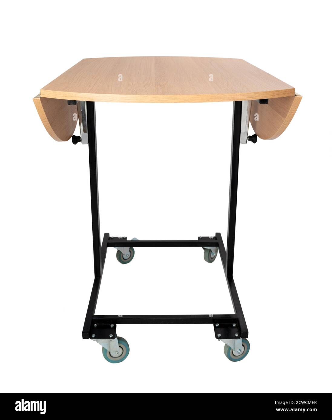 Wooden table on wheels isolated on white Stock Photo - Alamy