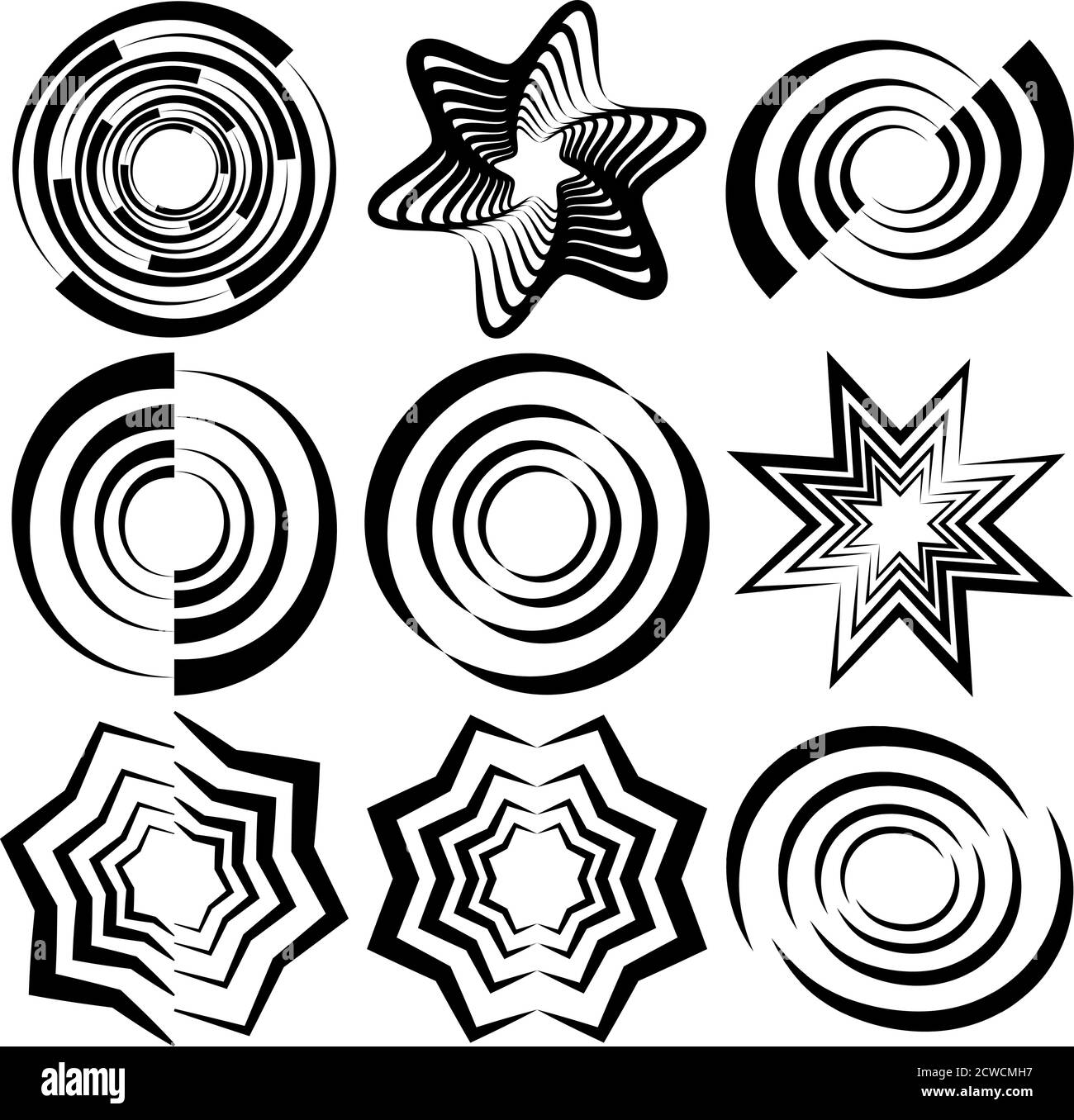 abstract black and white circular, concentric and radial contour ...
