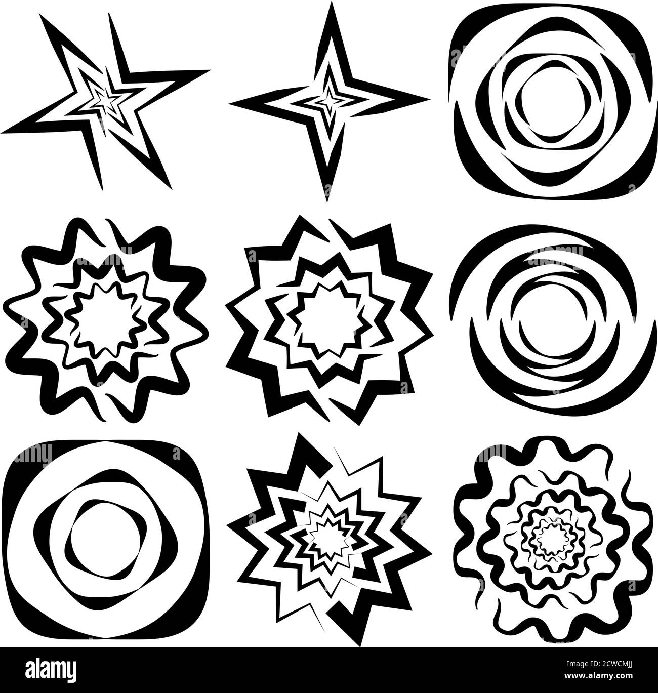 abstract black and white circular, concentric and radial contour ...