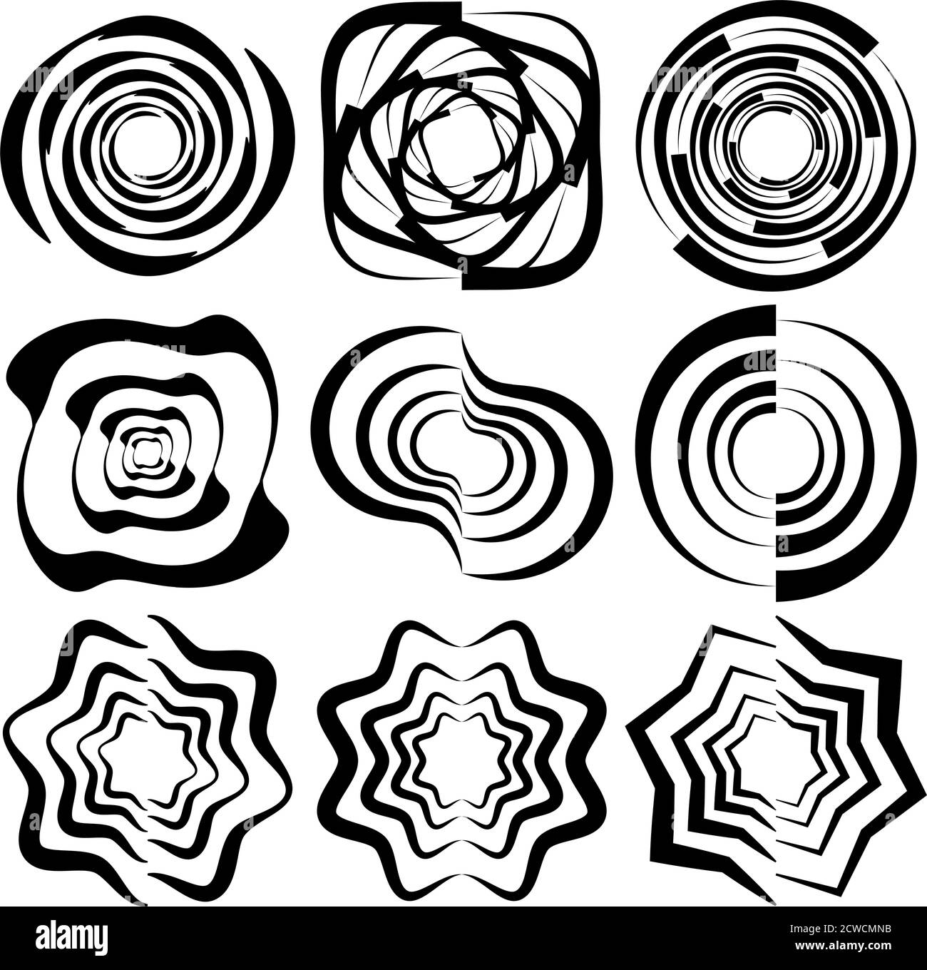 abstract black and white circular, concentric and radial contour ...