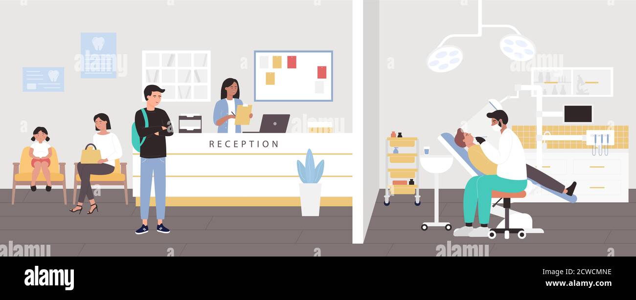 Hospital reception in dental clinic vector illustration. Cartoon flat ...