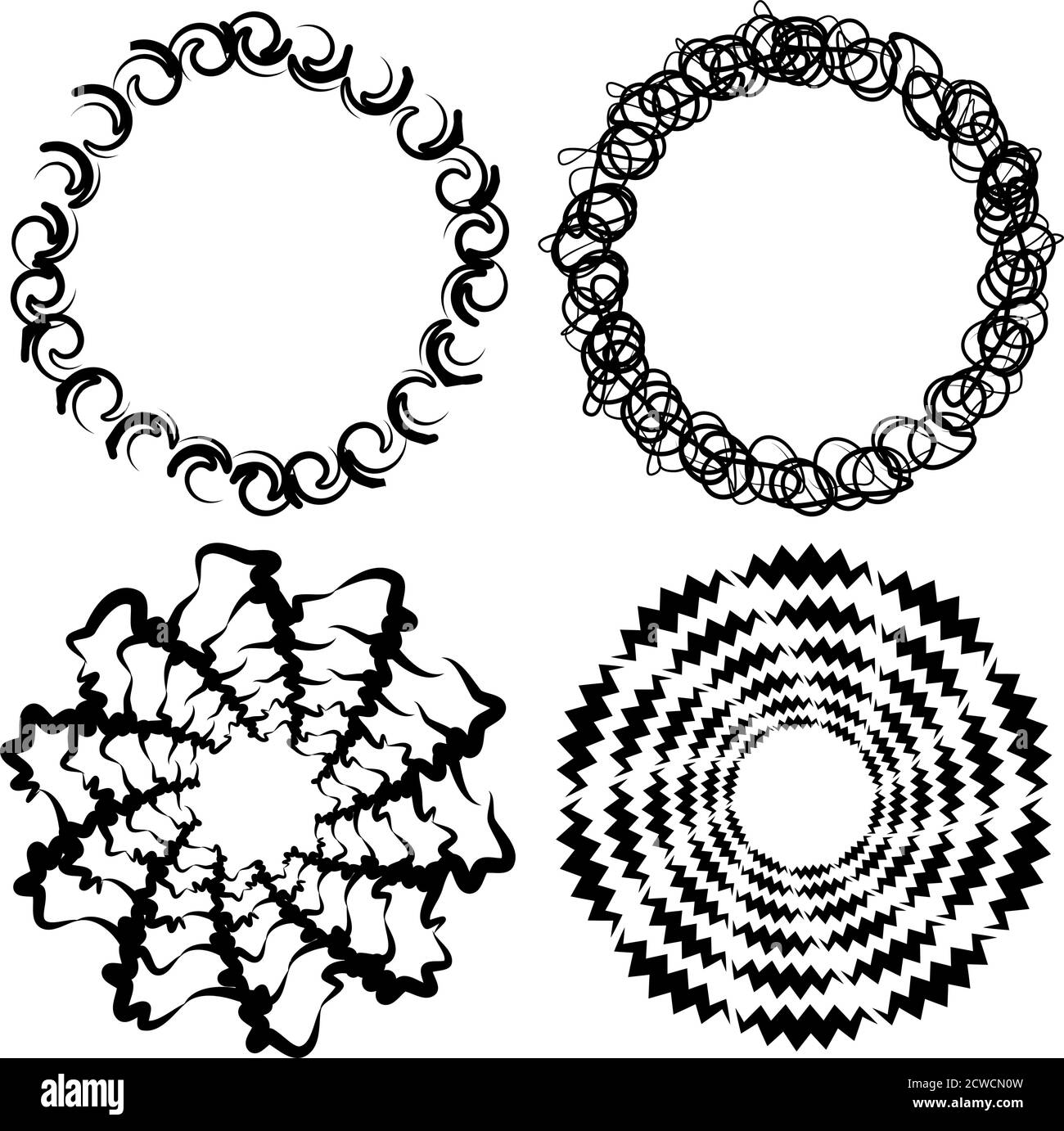 abstract black and white circular, concentric and radial contour ...