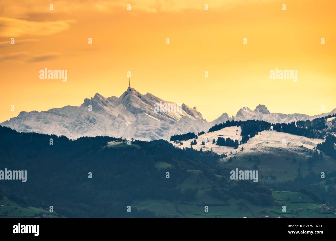 Sunset view of the snow covered Santis peak, the highest mountain in ...