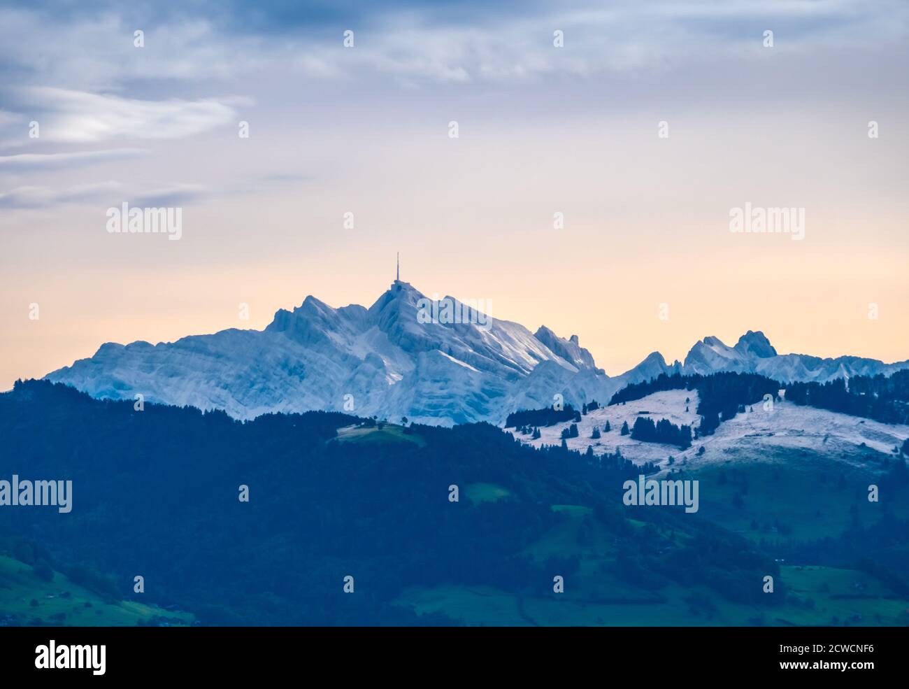 Sunrise view of the snow covered Santis peak, the highest mountain in ...