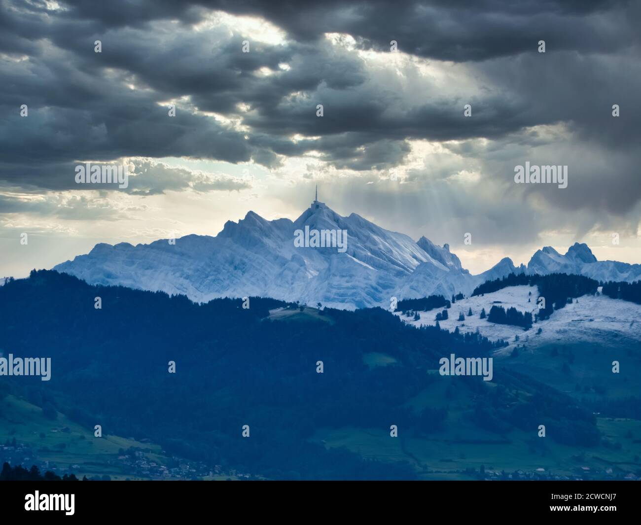 Distant view of the snow covered Santis peak, the highest mountain in ...