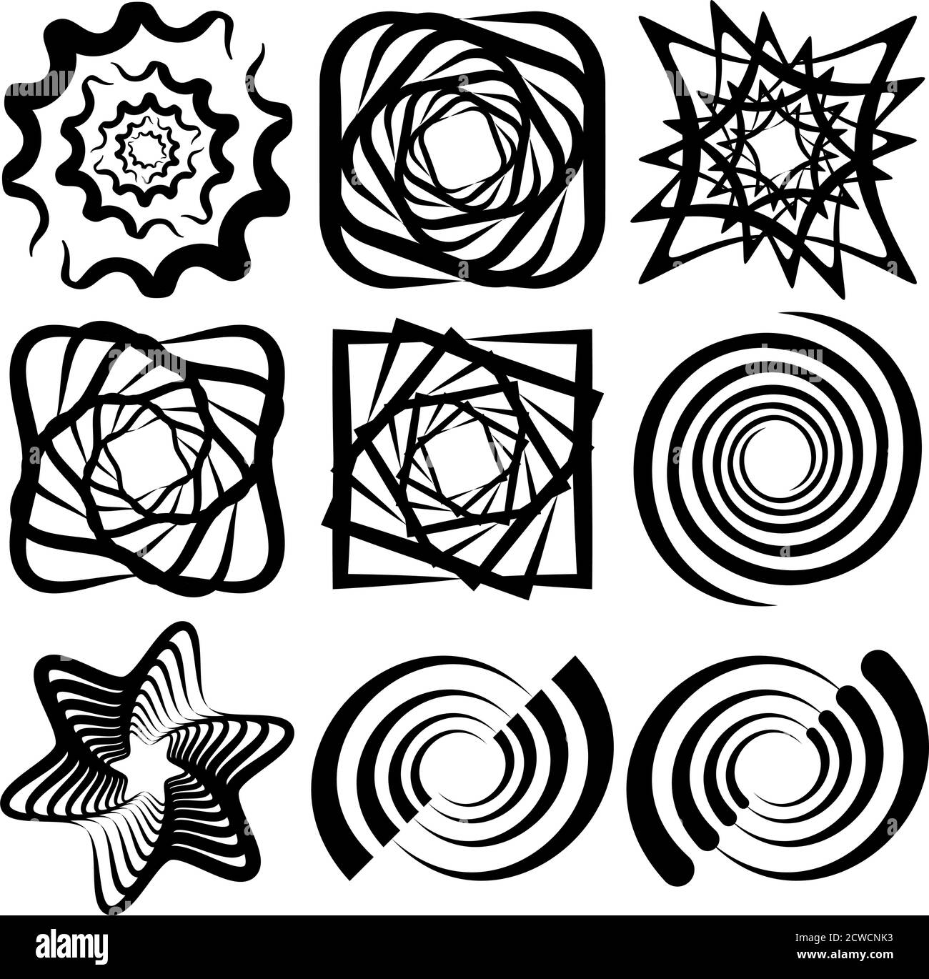 abstract black and white circular, concentric and radial contour ...