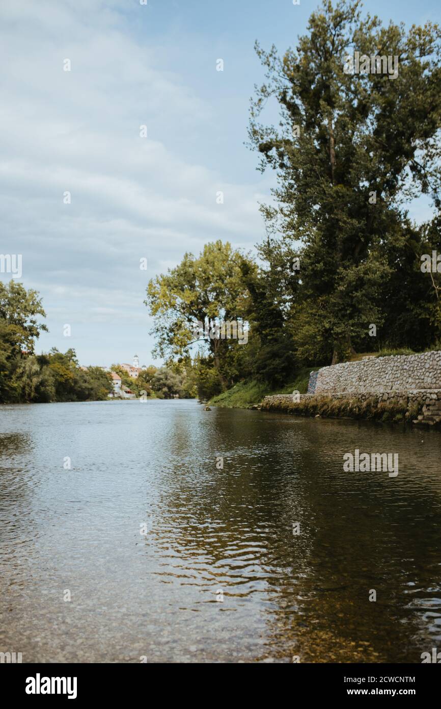 View of dirty water flowing from a river with trees on the banks on a ...