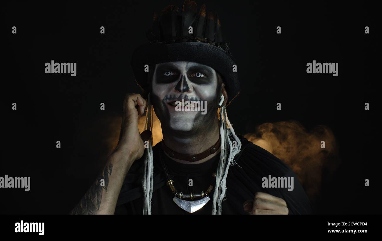 Scary guy in thematic carnival costume of Halloween skeleton wearing ...