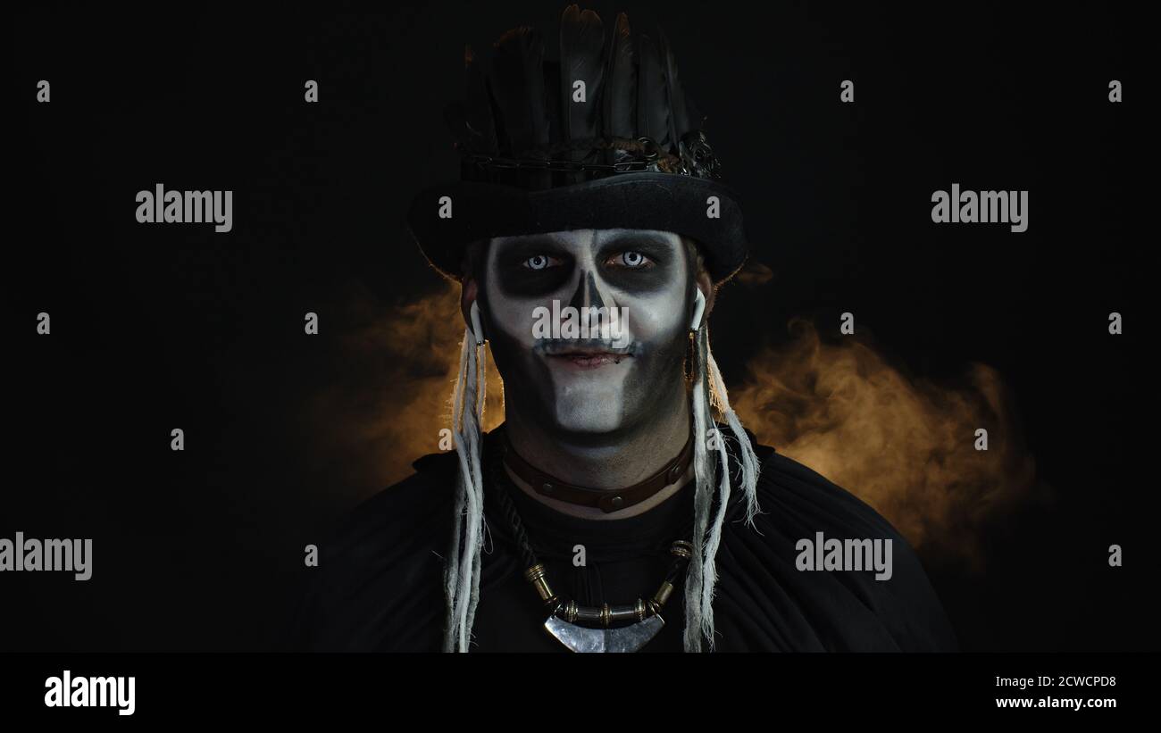 Scary guy in thematic carnival costume of Halloween skeleton wearing ...