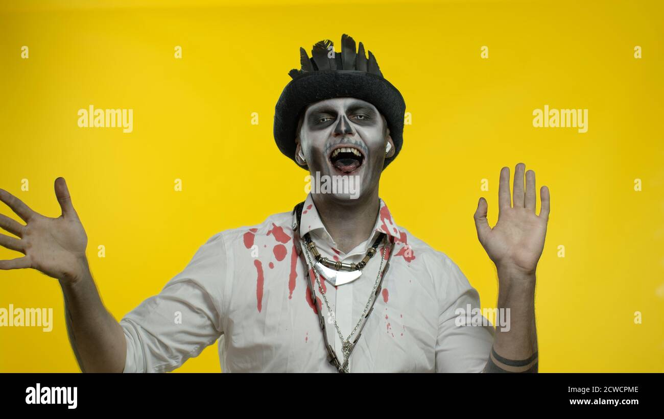 Scary guy in thematic carnival costume of Halloween skeleton wearing ...