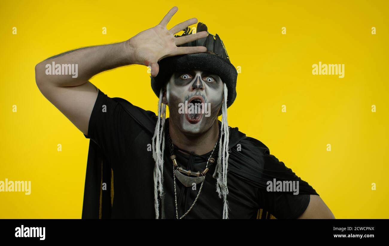 Frightening man in skeleton Halloween cosplay costume. Fashion art ...