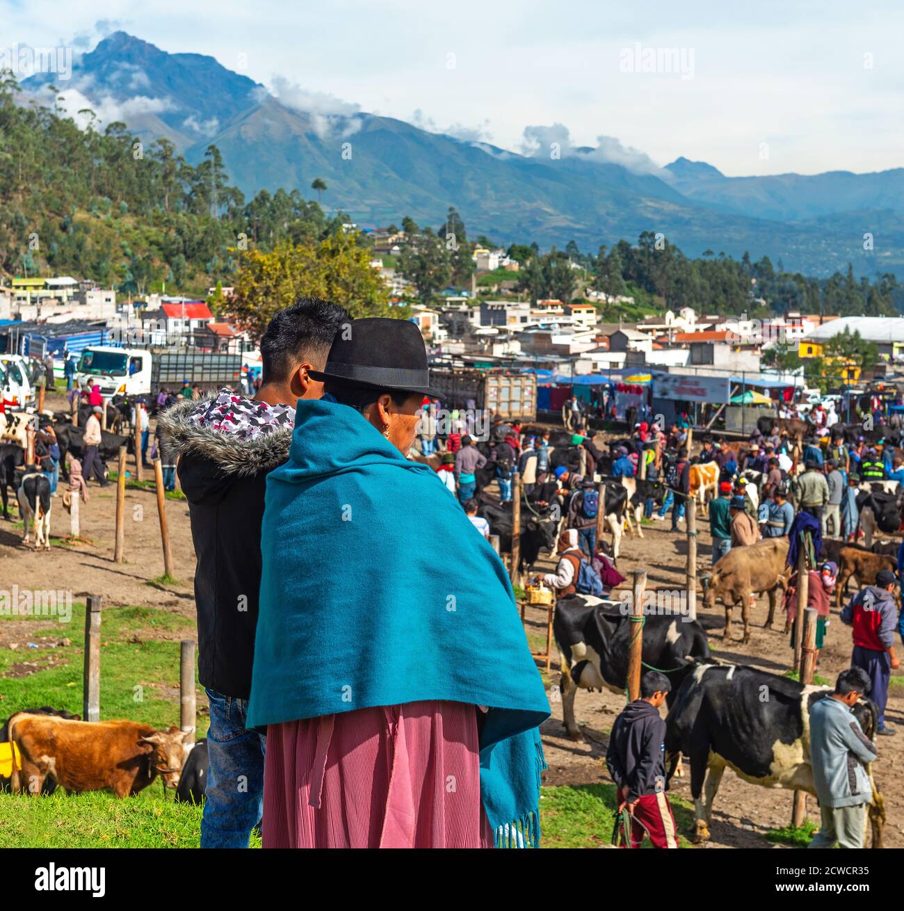 Indigenous Ecuadorian Otavalo woman with son looking over the animal ...