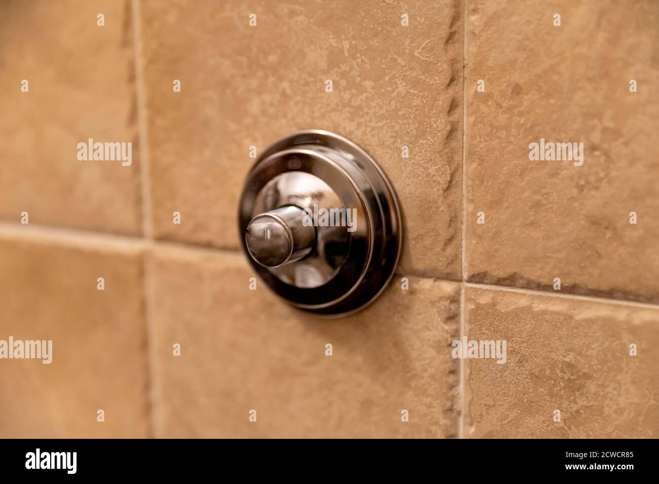 chrome bathroom flush button to drain the toilet on the wall Stock ...