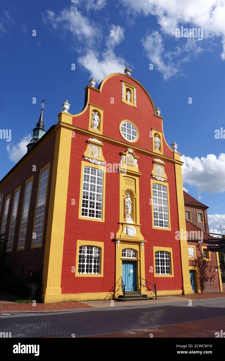 Clock gable of the Gymnasial Church in Meppen, Germany Stock Photo - Alamy