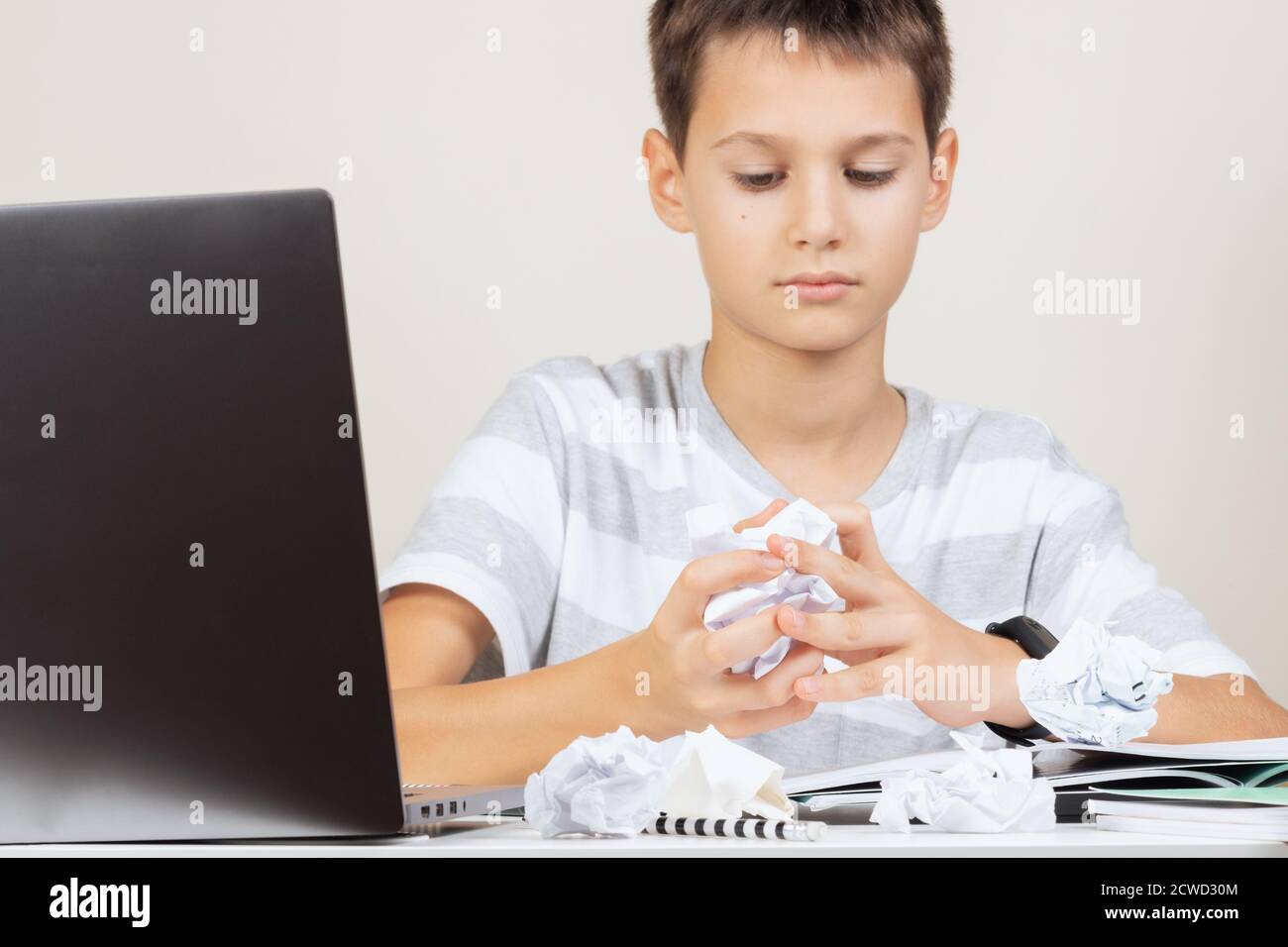 School, remote education, online learning concept. Kid sitting at table ...