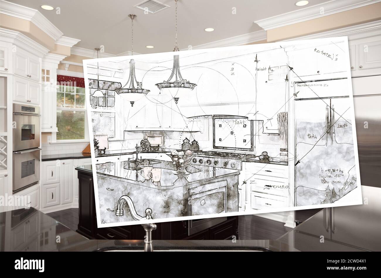 Beautiful Custom Kitchen Design Drawing On Paper Over Finished ...