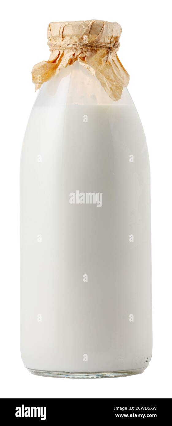 Glass milk bottle isolated on white background Stock Photo - Alamy