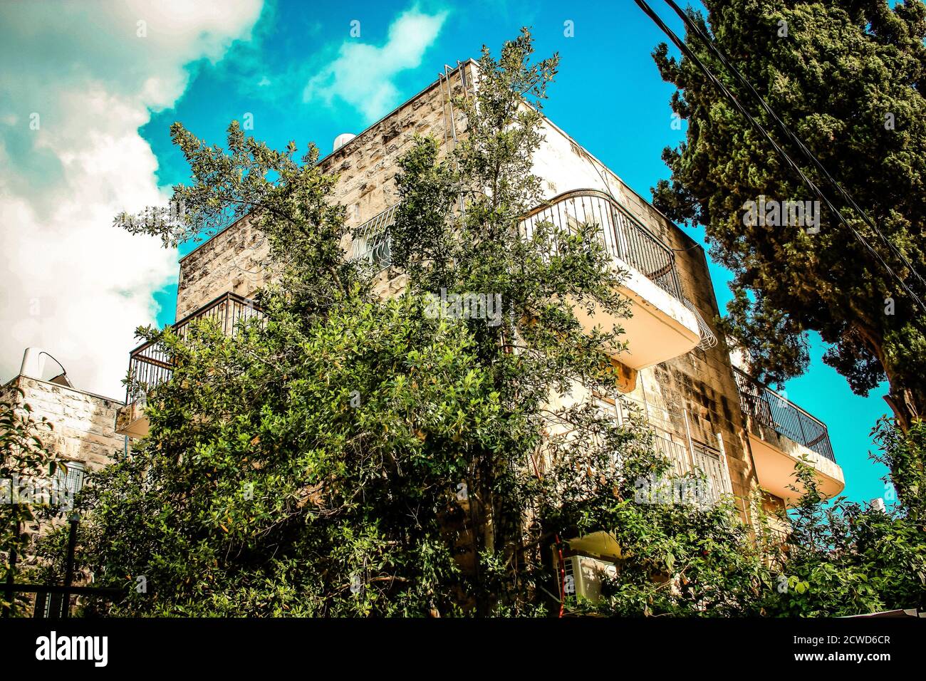 View of the facade of a building in the historic district of of ...