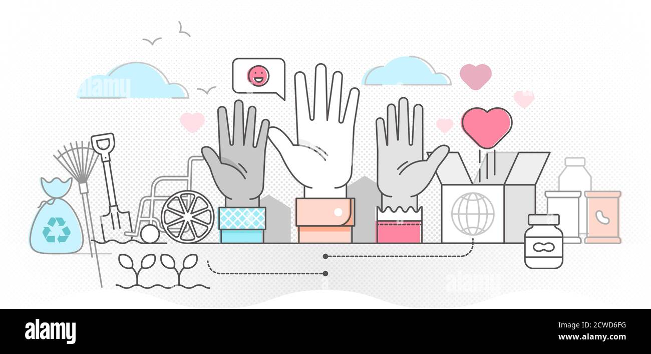 Volunteering outline concept vector illustration. Help charity and ...