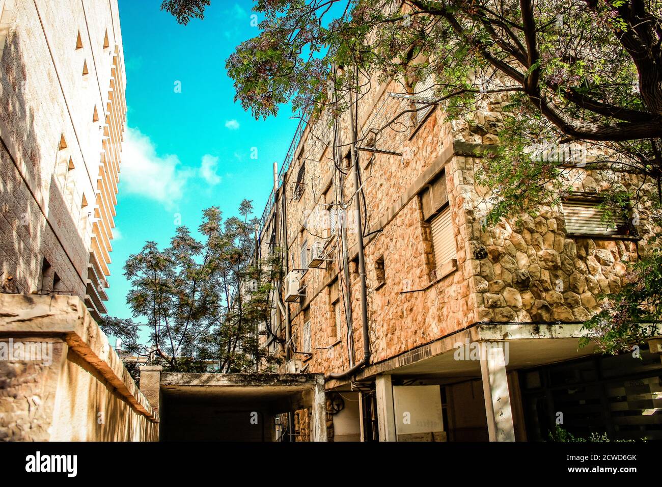 View of the facade of a building in the historic district of of ...