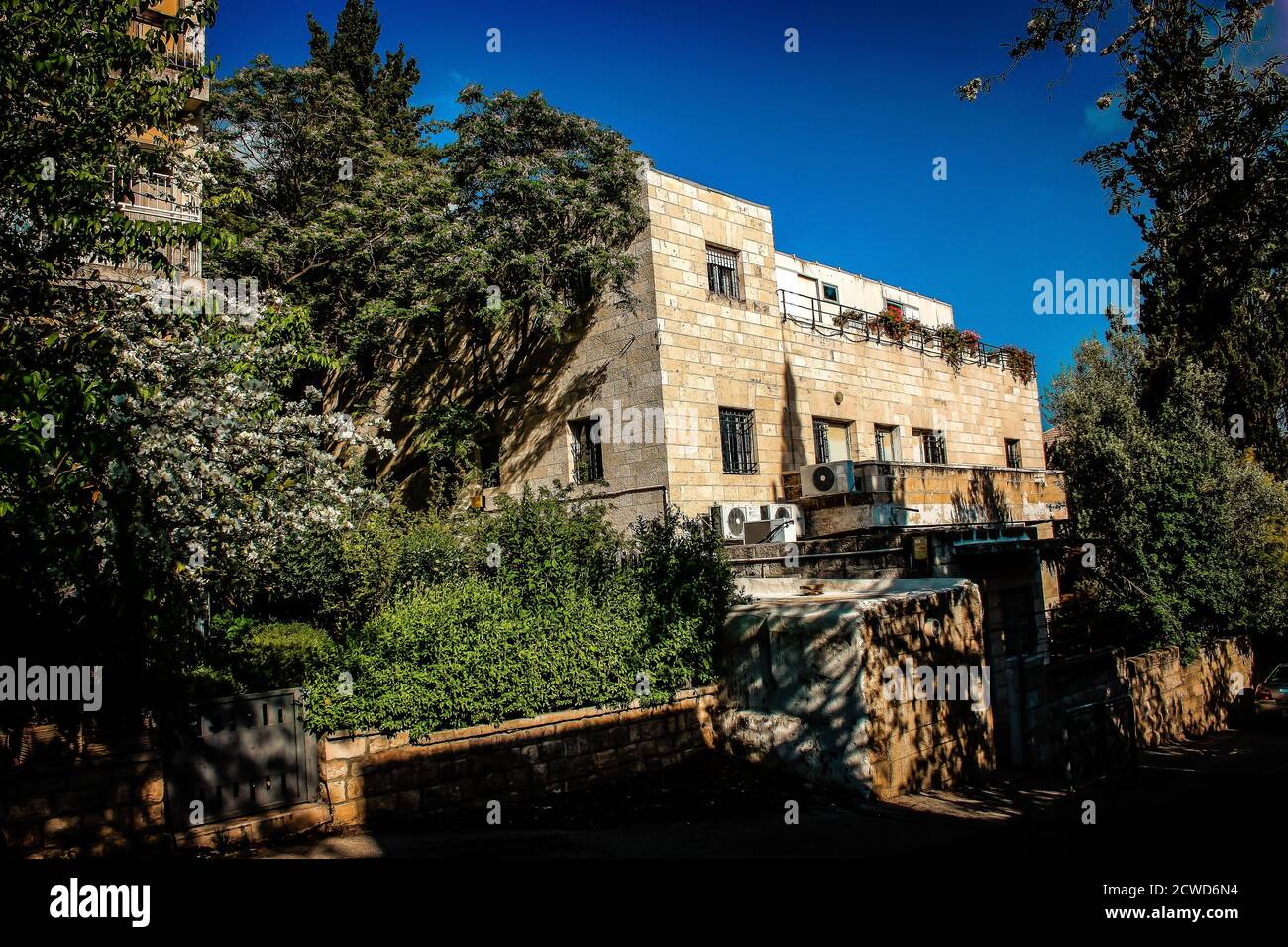 View of the facade of a building in the historic district of of ...