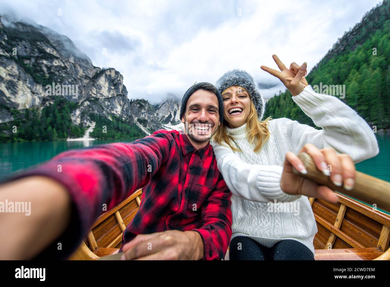 Mountain stories. Happy couple on a wanderlust vacation. Boyfriend and ...