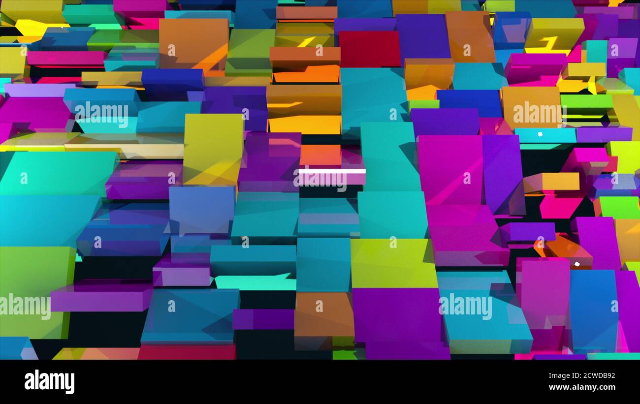 3d rendering of surface with the rotating colorful rectangles. Computer ...