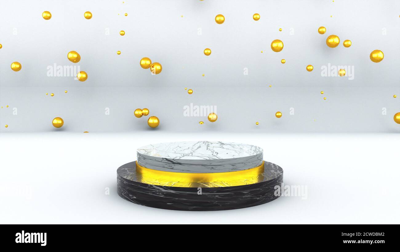 Computer generated marble pedestal with many golden bubbles. Concept of ...